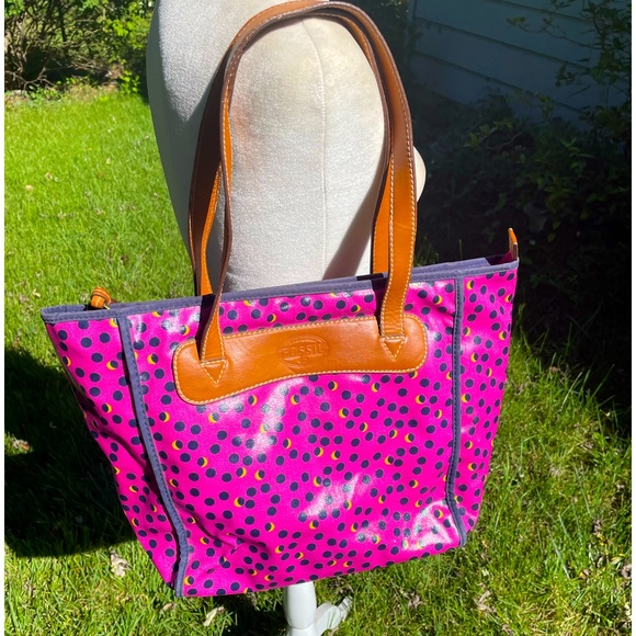 Fossil | Bags | Fossils Pink Polkadot Coated Canvas Zipper Top Tote ...